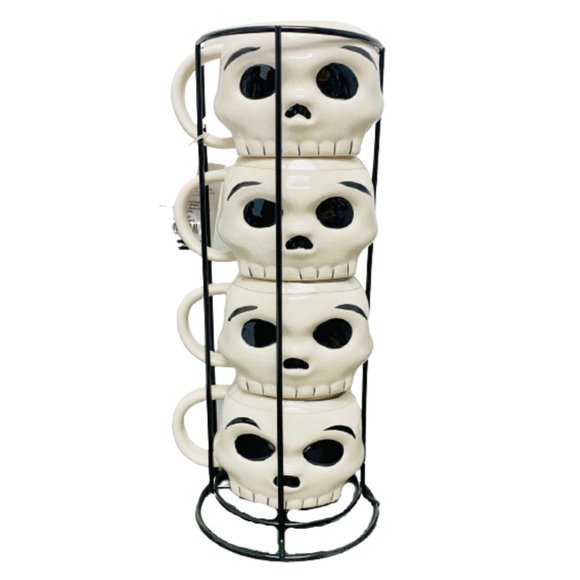 Dining | Set Of 4 Stackable Skeleton Skull Mugs In Wire Rack New | Poshmark